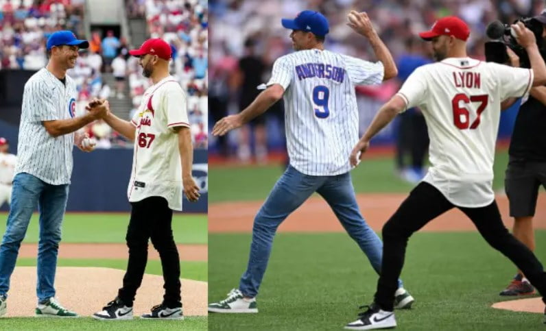 James Anderson and Nathan Lyon Throw Ceremonial First Pitch At MLB ...